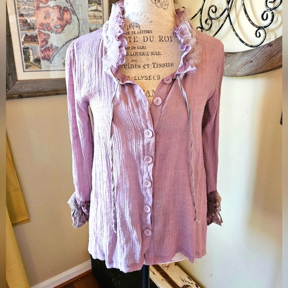 Pretty Angel | Tops | Linen Blend Lotus Ruffle Blouse Victorian Flounce ...